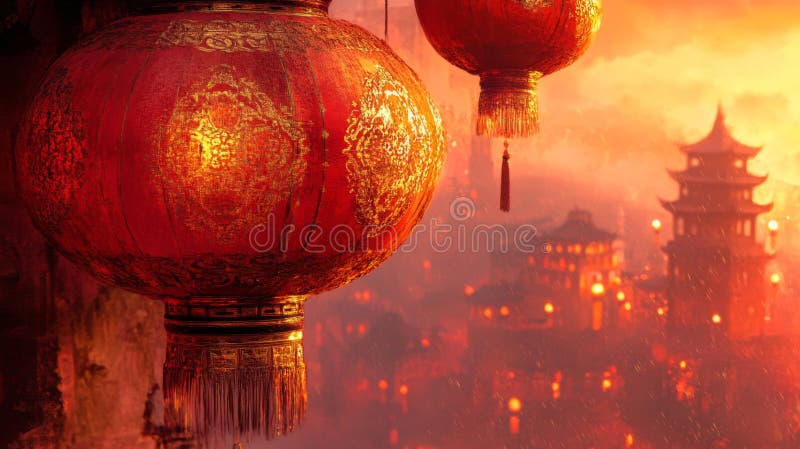 Red Lanterns Illuminate a Distant Chinese Cityscape Stock Illustration ...