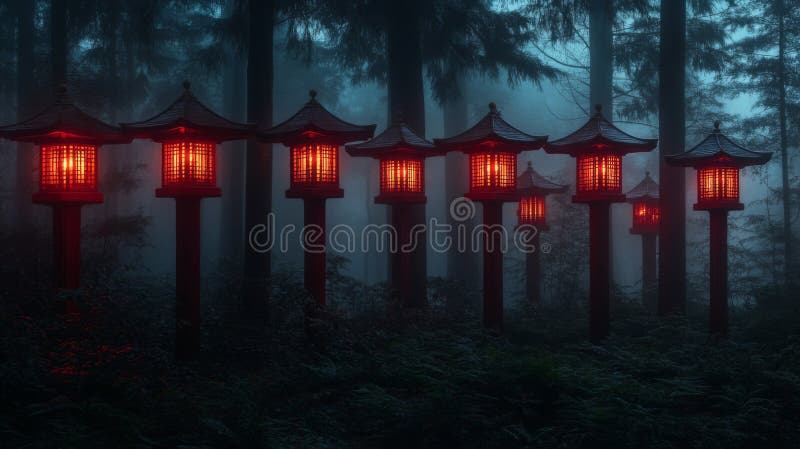Red Lanterns Illuminate Foggy Forest Path at Night Stock Illustration ...