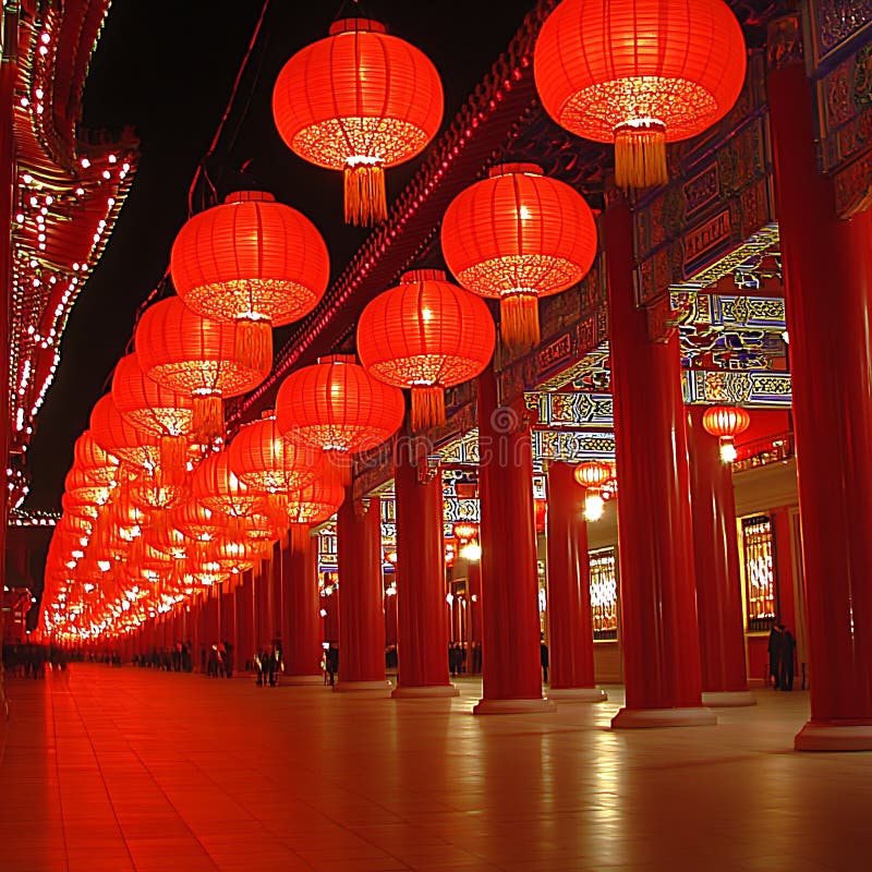 Red Lanterns Illuminate a Long Hallway Lined with Columns and ...