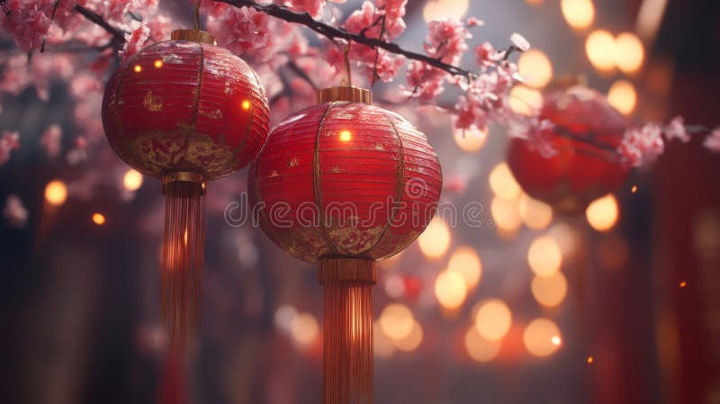 Red Lanterns and Pink Cherry Blossoms at Night Stock Illustration - Illustration of romantic ...