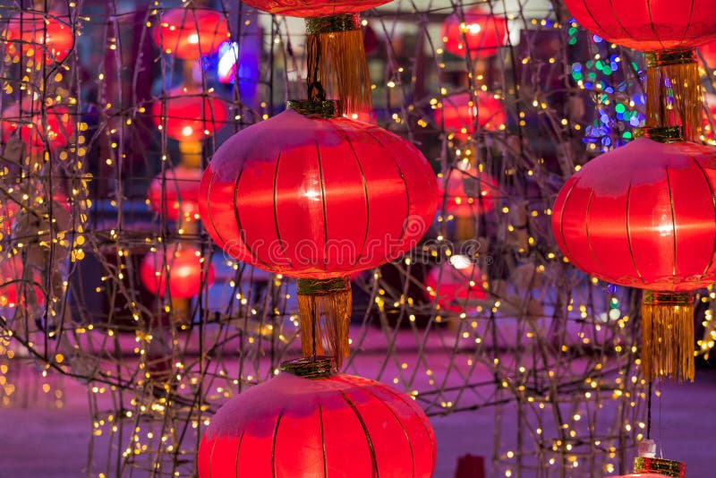 Red lanterns in the snow stock photo. Image of scene - 139389398