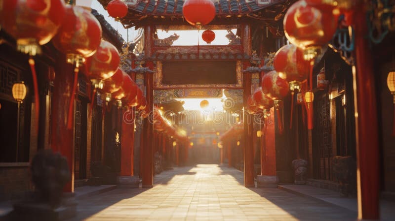 Red Lanterns and a Sunlit Path in a Traditional Chinese Street Stock ...