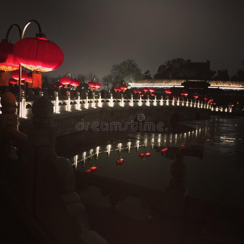 Red lanterns view stock image. Image of view, bridge - 136359753