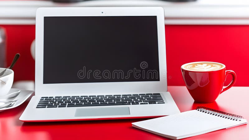 Red Laptop Coffee Notebook Workspace Still Life Royalty Free Image ...