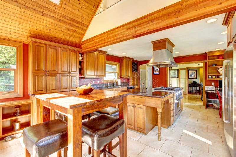 Red Large Luxury Kitchen with Wood Ceiling. Stock Image - Image of ...