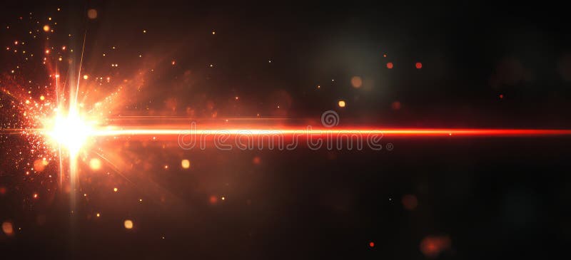 Red Laser Beam Emitting Intense Light with Lens Flare Effects Against a ...