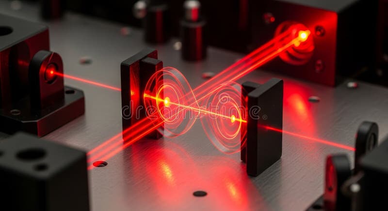 Red Laser Beam Passing through Optical Lenses in Physics Laboratory ...