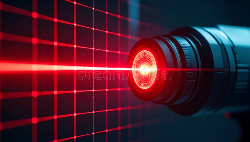 A Red Laser Beam Shoots Out from a Lens Against a Grid Backdrop. the ...