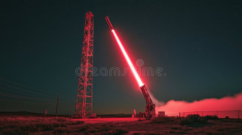 A Red Laser Launch at Night from a Tower in a Remote Testing Facility ...