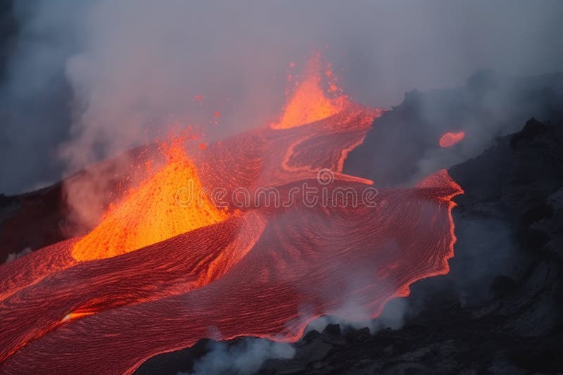Red Lava Flows from the Mouth of the Volcano. Generative Ai Stock Image ...