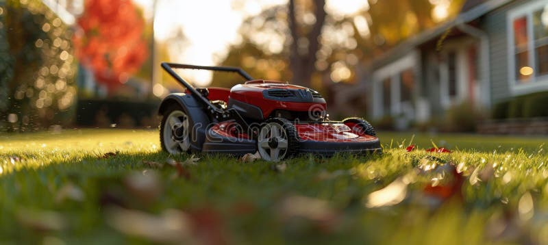 Red Lawn Mower on Green Field Stock Image - Image of gardening ...