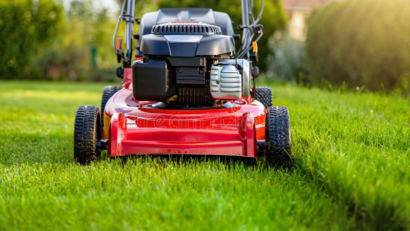Red Lawn Mower on Green Grass Stock Photo - Image of landscaping, mower ...
