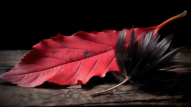 A Red Leaf with a Black Feather on a Wooden Table Stock Illustration ...