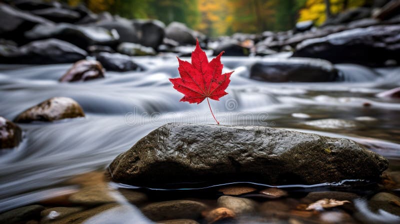 A Red Leaf on a Rock in a River Stock Illustration - Illustration of ...