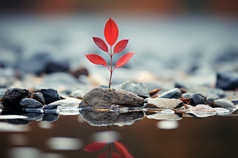 A Red Leaf Sprouting from a Rock in the Water Stock Illustration ...