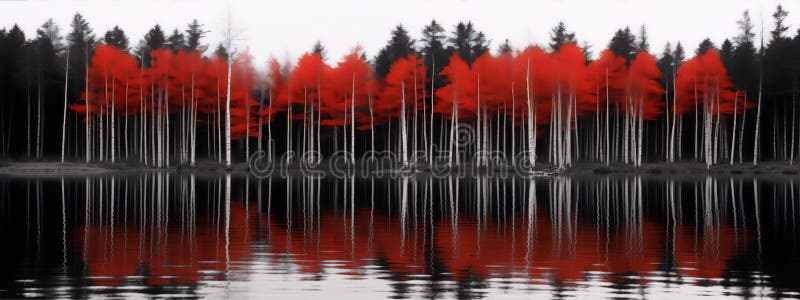 Red Leaf Trees and Their Reflection on the Lake in Black and White ...