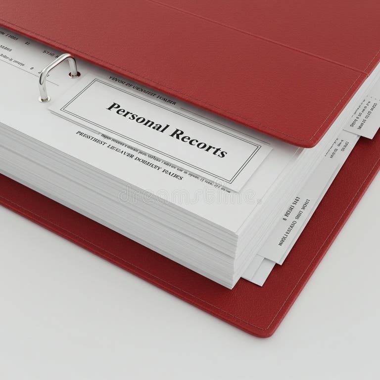 Red Leather Binder Holds a Stack of Papers Labeled "Personal Records ...