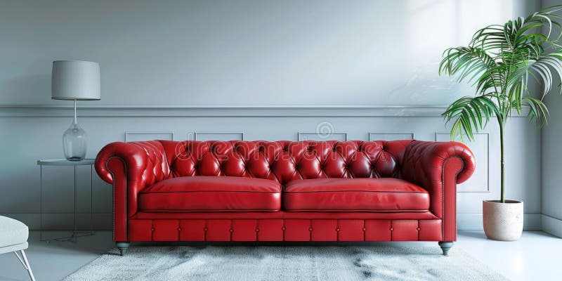 A Red Leather Couch Sitting in a Living Room Stock Image - Image of ...