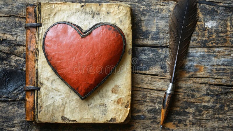Red Leather Heart on Antique Journal with Quill Pen Stock Illustration ...