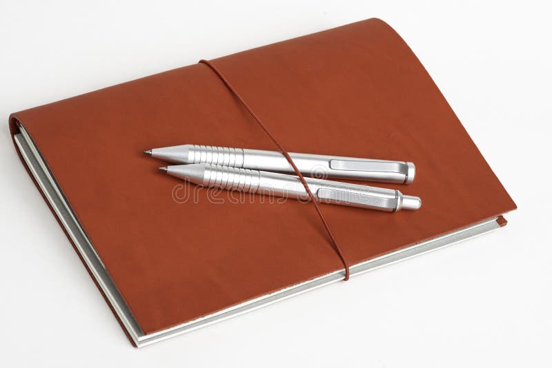 Red Leather Journal Cover with Two Ballpoint Pens Stock Image - Image ...