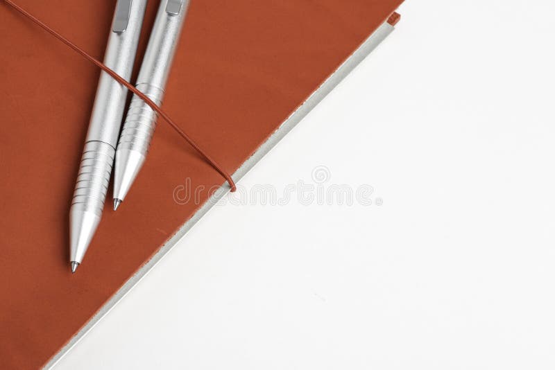 Red Leather Journal Cover with Two Ballpoint Pens Stock Image - Image ...