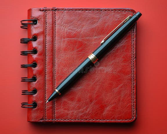 Red Leather Notebook with Elegant Pen on Vibrant Background Stock ...