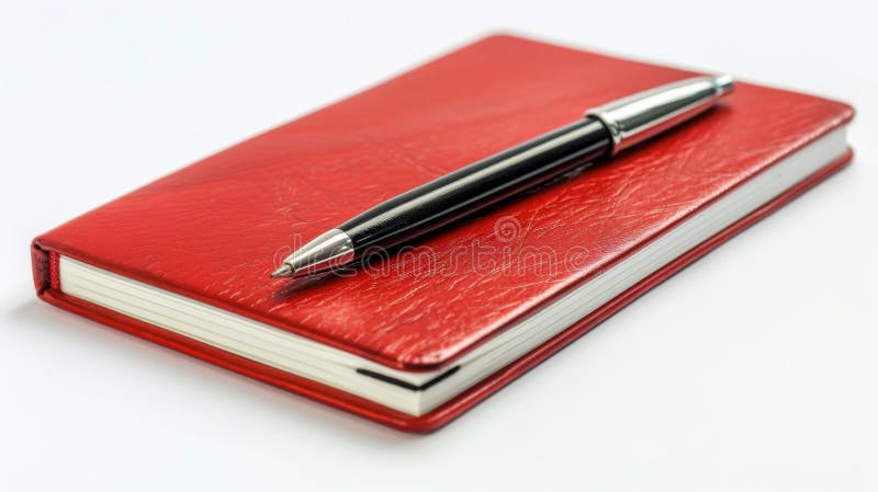 Red Leather Notebook and Silver Pen on White Background Stock ...