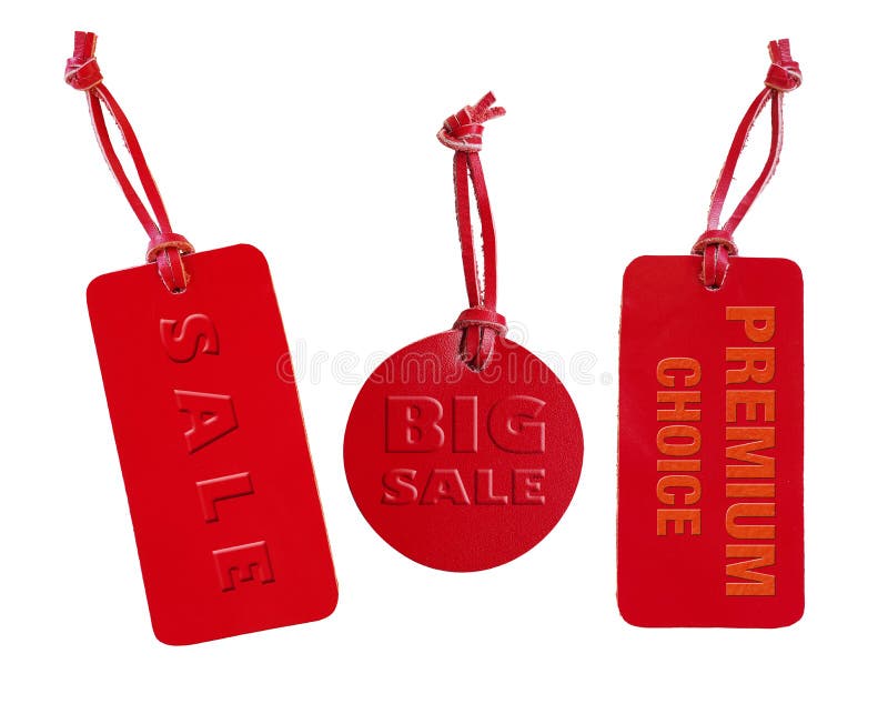 Red Leather Sale Tag Set, Emboss Words Stock Image - Image of cord ...