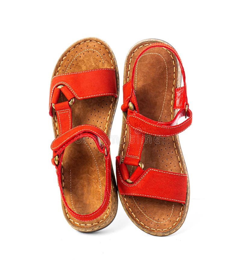 Red leather summer sandal stock photo. Image of design - 225633346