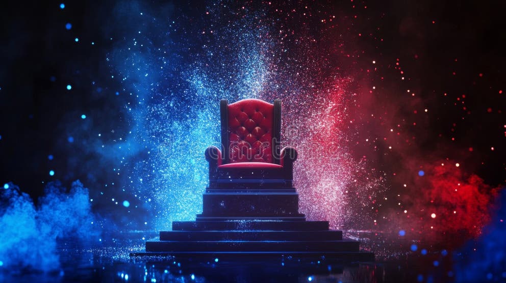 Red Leather Throne on a Black Platform with Blue and Red Sparkles Stock ...