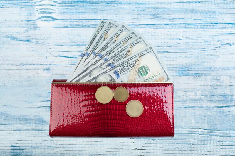 Red Leather Wallet with Dollar Bill on Wood Table. Stock Image - Image ...