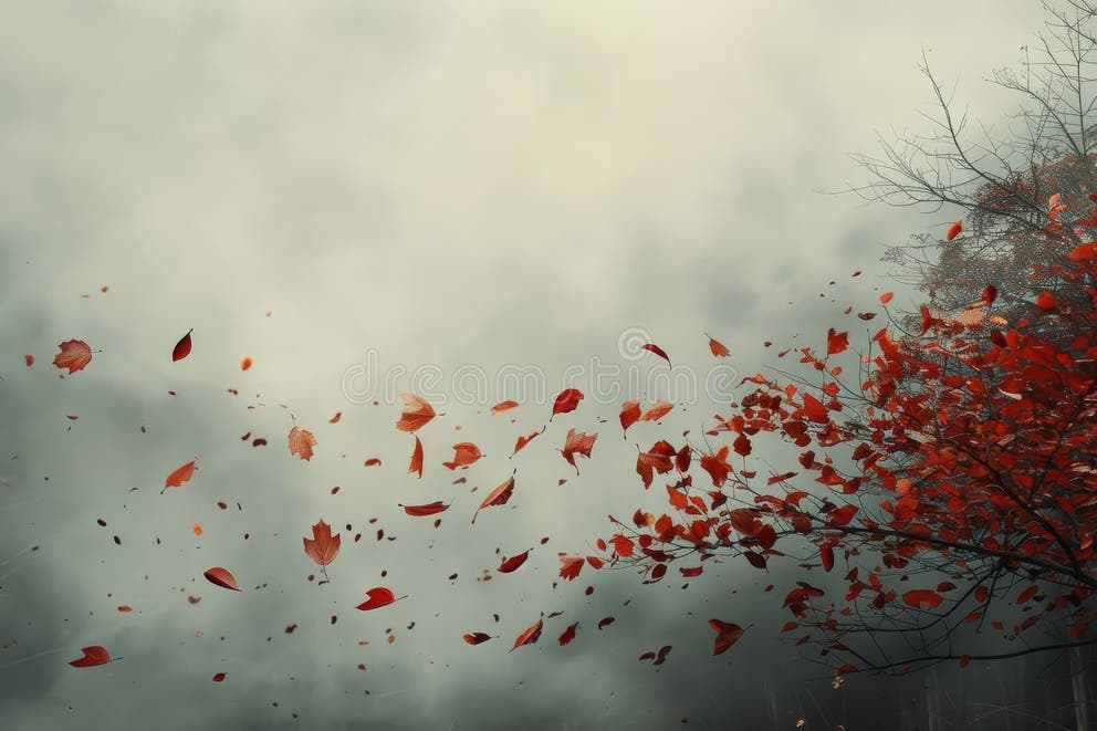Red Leaves Fall from a Tree Branch Against a Grey, Misty Sky, Softly ...
