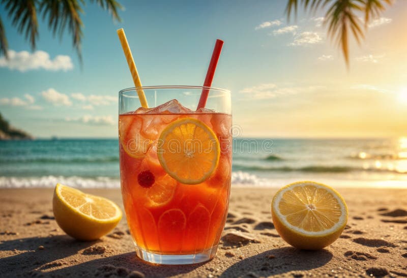 Orange Red Lemon Soda and Bright Beach Stock Photo - Image of beach ...