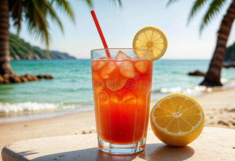 Orange Red Lemon Soda and Bright Beach Stock Image - Image of liqueur ...