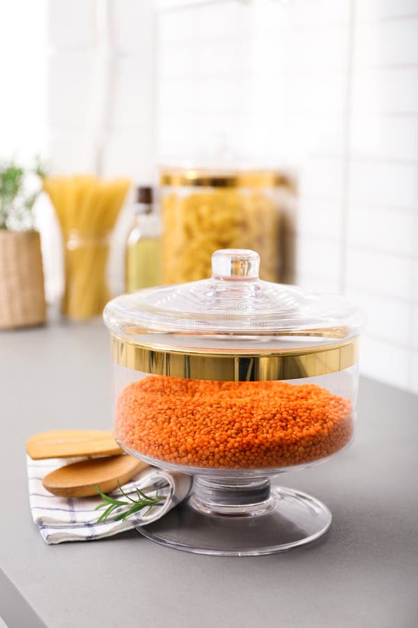 Red Lentil in Modern Kitchen Glass Container Stock Photo - Image of ...