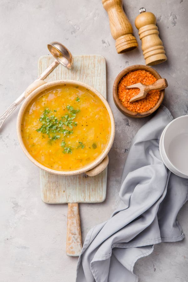 Red Lentil Soup Puree on Stone Table. Top View Stock Image - Image of ...