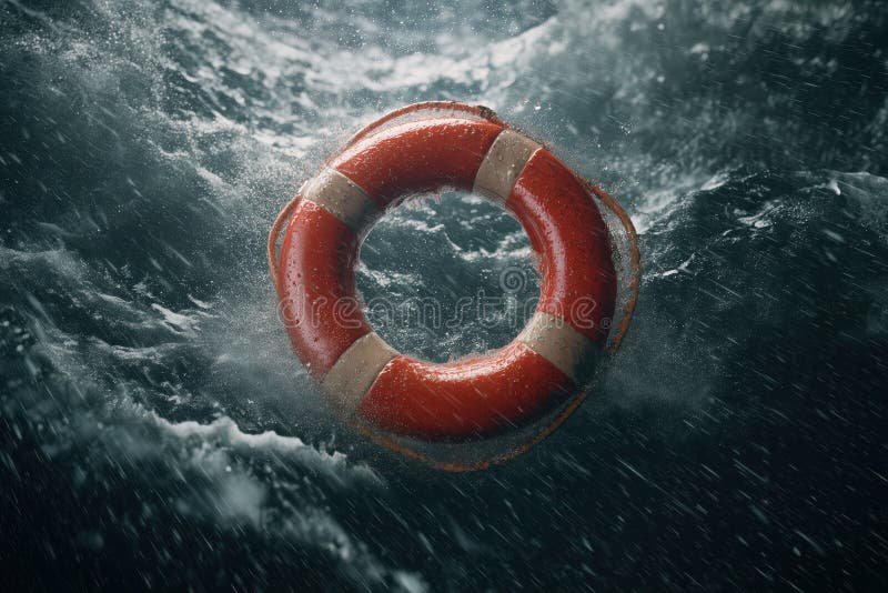 Red Life Preserver in Turbulent Dark Ocean Stock Illustration ...