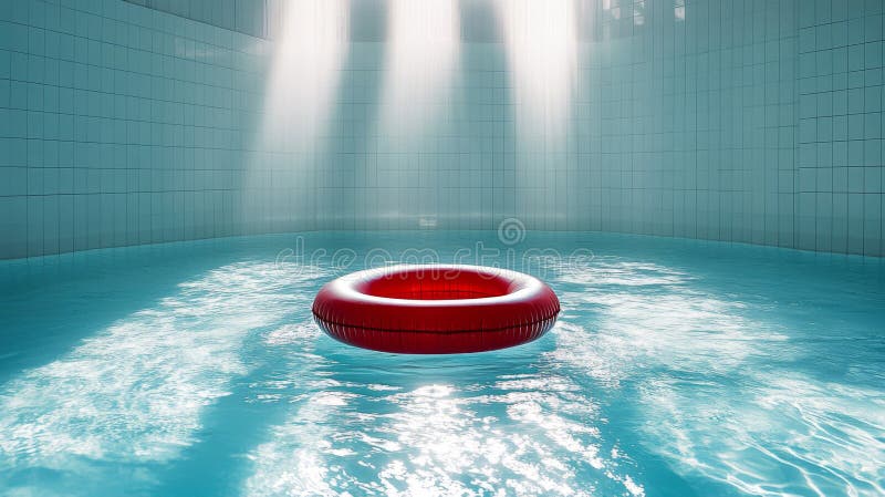 Red Lifebuoy in a Blue Pool with Light Beams Stock Illustration ...