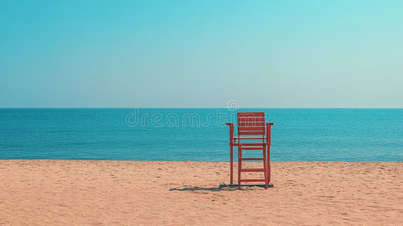 Red Lifeguard Chair on Sandy Beach with Blue Ocean Stock Illustration ...