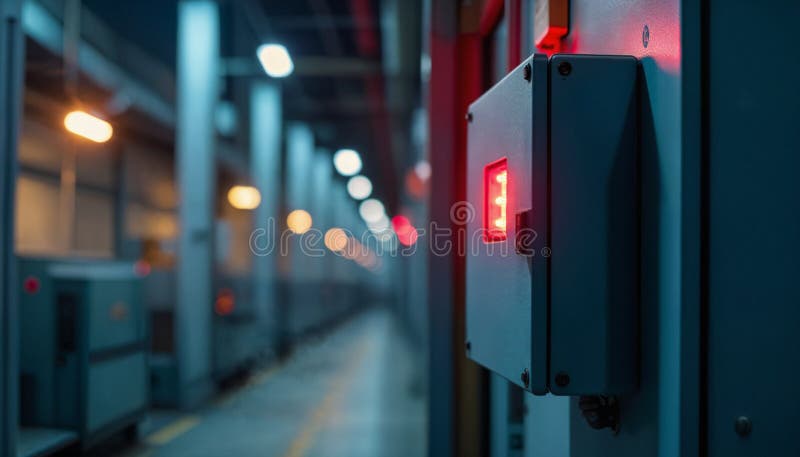 A Red Light on a Box in a Dark Room Stock Photo - Image of technical ...