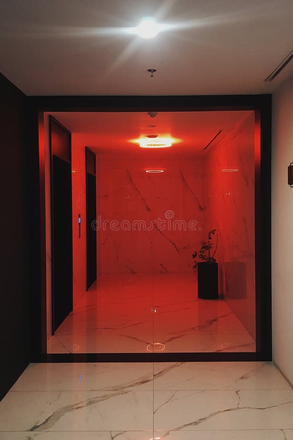 Red light box lobby lift stock photo. Image of design - 202597142