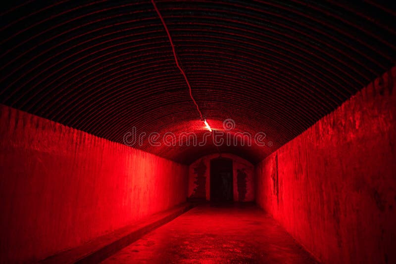 Red Light Corridor Inside Underground Old Bunker. Tunnel Illuminated ...
