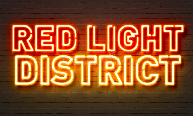 Red Light District Neon Sign on Brick Wall Background. Stock Photo ...