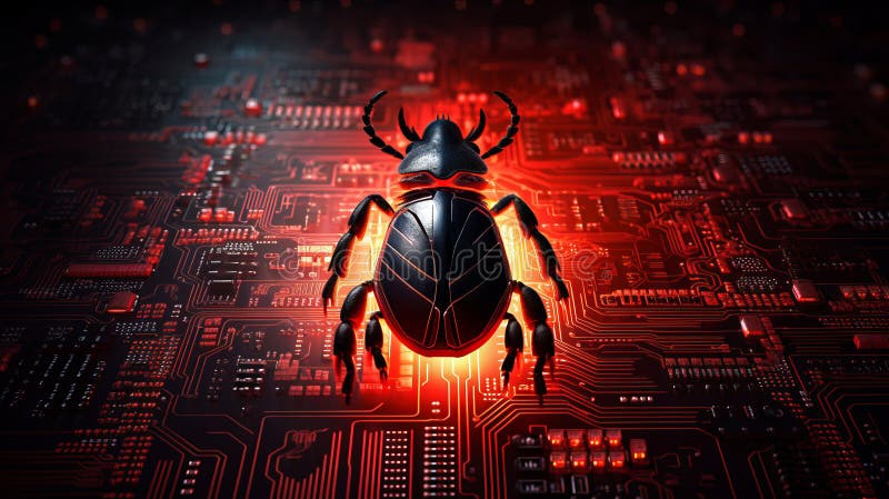 Red Light Glowing Computer Bug Perched on Microchip Symbolizing Threat ...