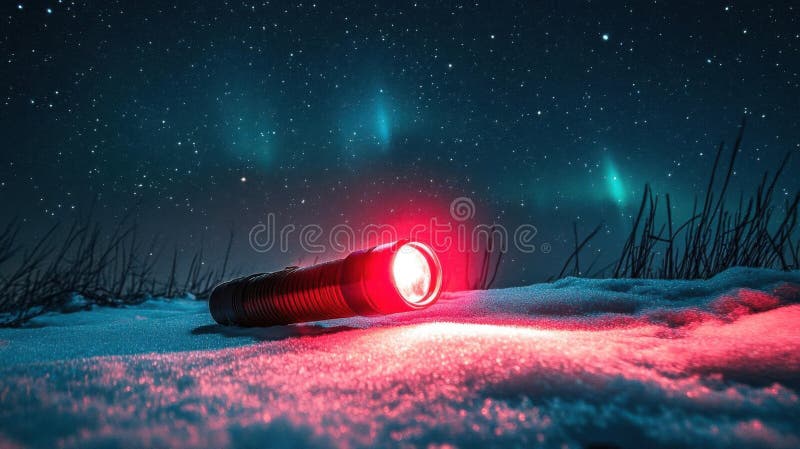 Red Light Illuminates Snowy Landscape Under Starry Night Stock ...