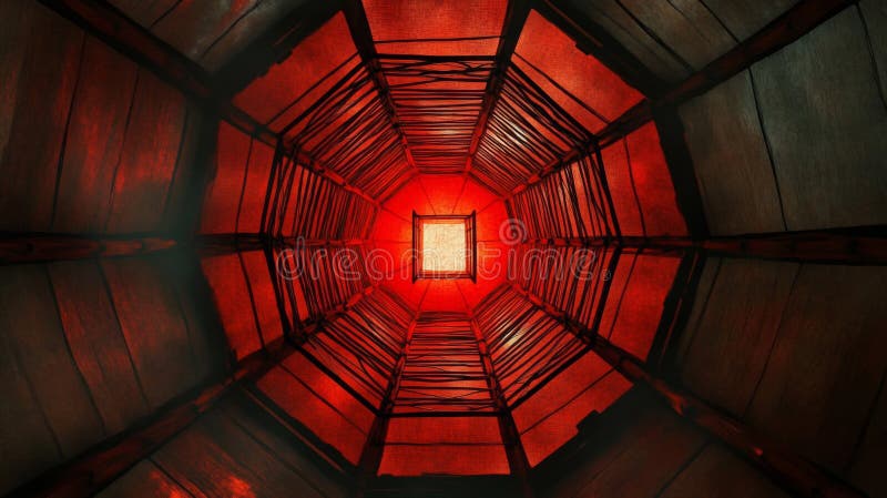 Red Light Illuminates Wooden Octagonal Structure Interior Stock ...