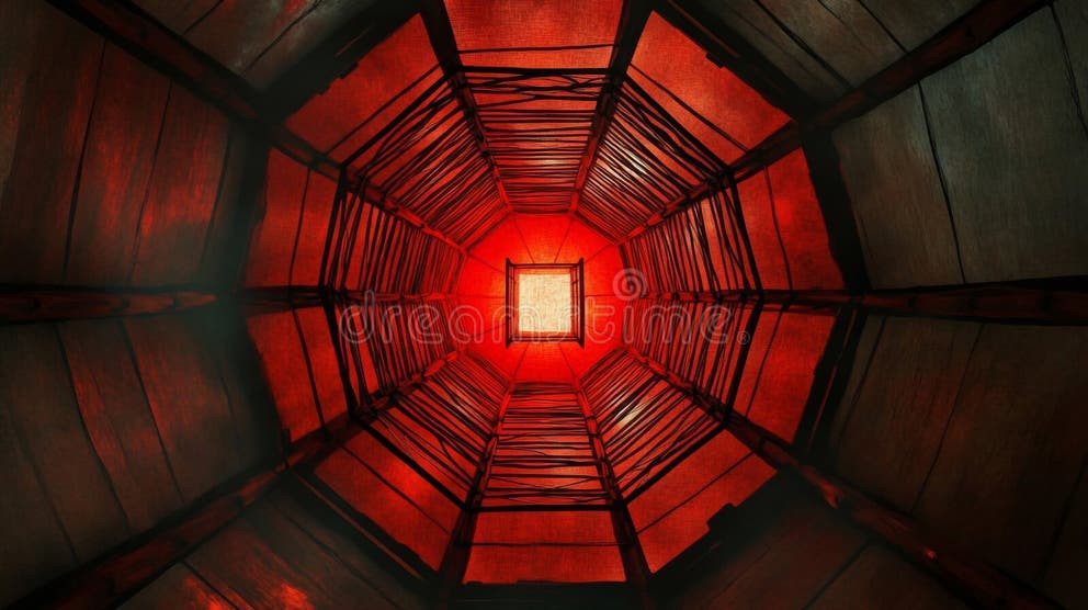 Red Light Illuminates Wooden Octagonal Structure Interior Stock ...