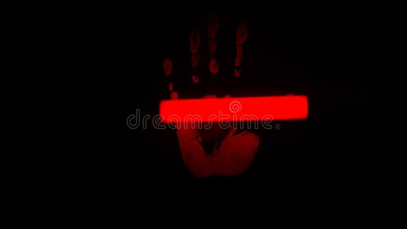 Red Light Neon Access Scanner Scanning Human Hand Print on Glass Screen ...