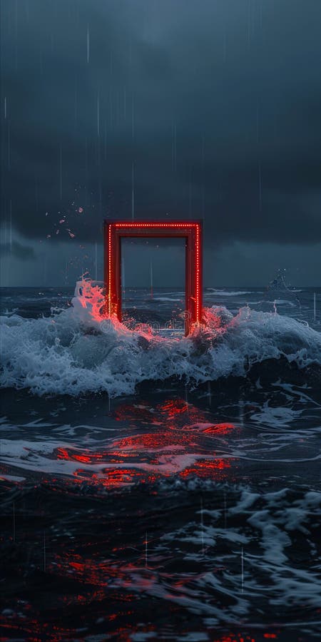A Red Light in the Ocean with Waves Stock Photo - Image of generated ...