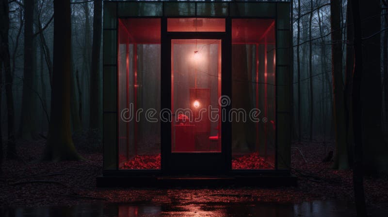 A Red Light Shines through a Glass Structure in the Woods. Generative ...